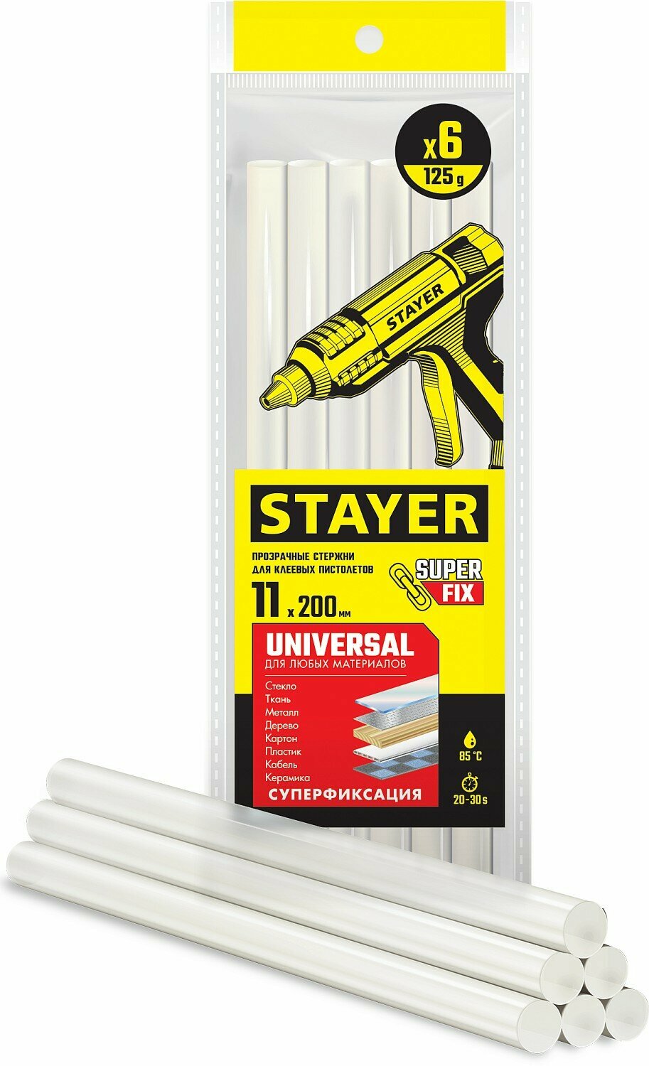 Клеевые стержни STAYER Universal прозрачные, 11x200мм, 6шт 2-06821-T-S06