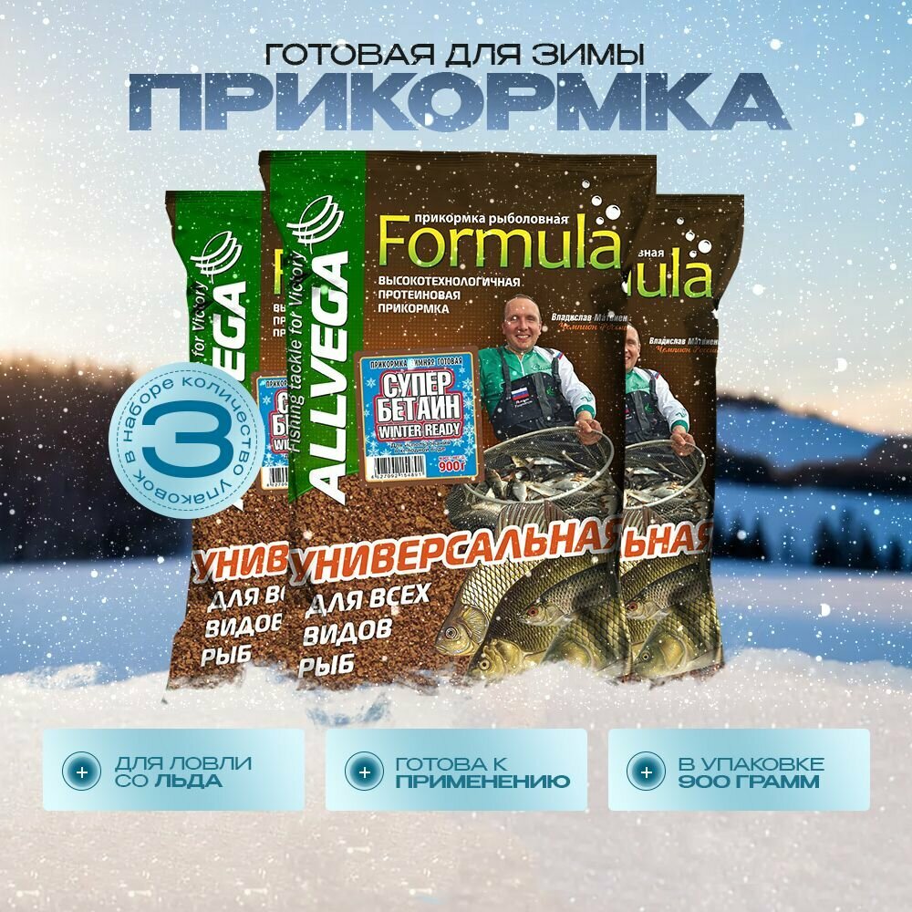 Прикормка для зимней рыбалки готовая ALLVEGA Formula Winter Ready супер бетаин 3 штуки по 0.9 кг