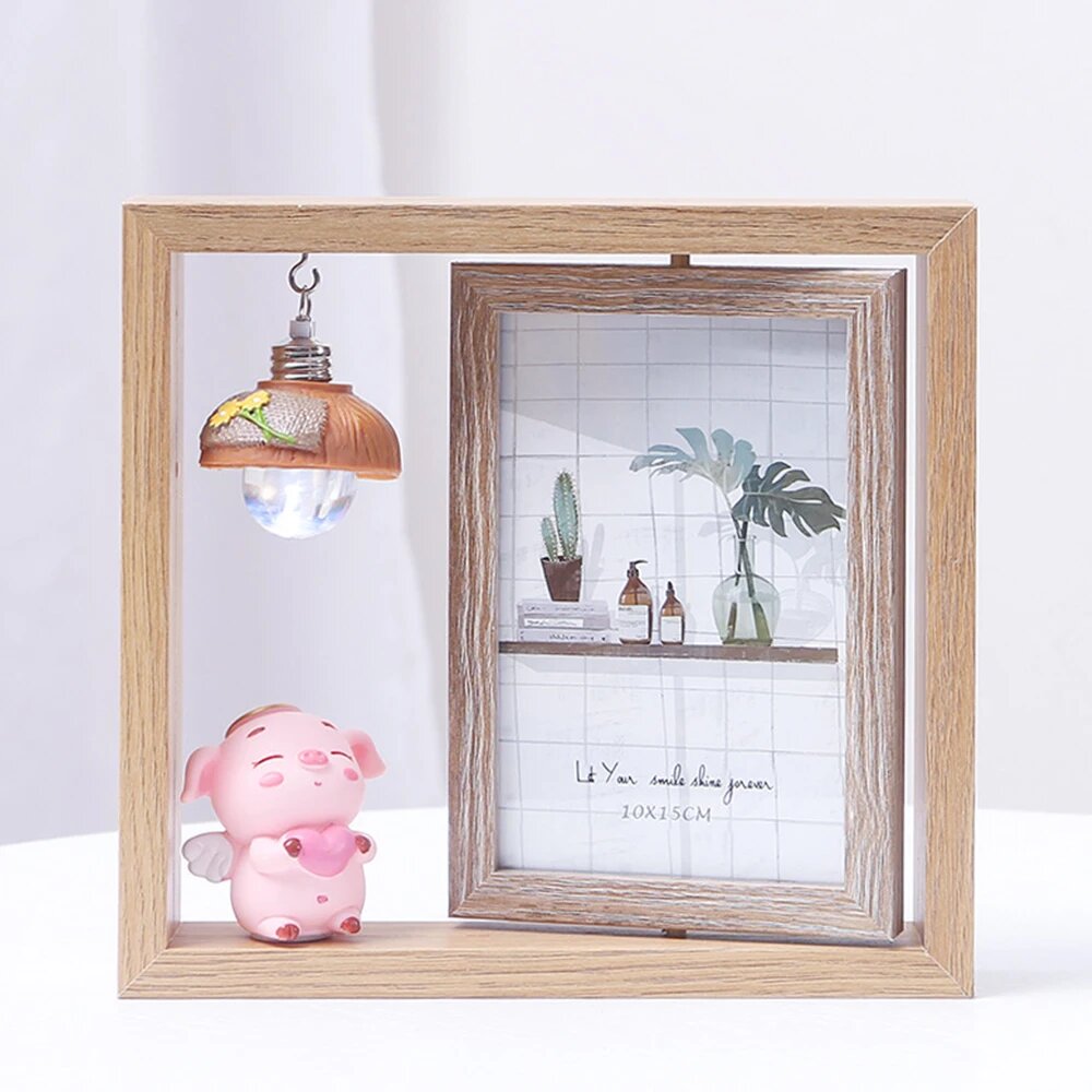 Фоторамка креативная Скандинавская рамка для фото Двусторонняя вращающаяся деревянная фоторамка светильник кой мультяшная свинья