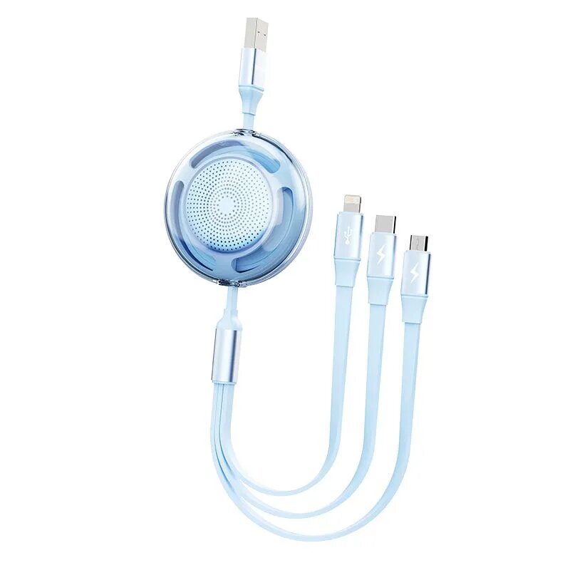 Зарядный кабель выдвижной 3 в 1 ROCK Honeycomb Series USB A TO L+M+C 3.5A Retractable Data Cable голубой