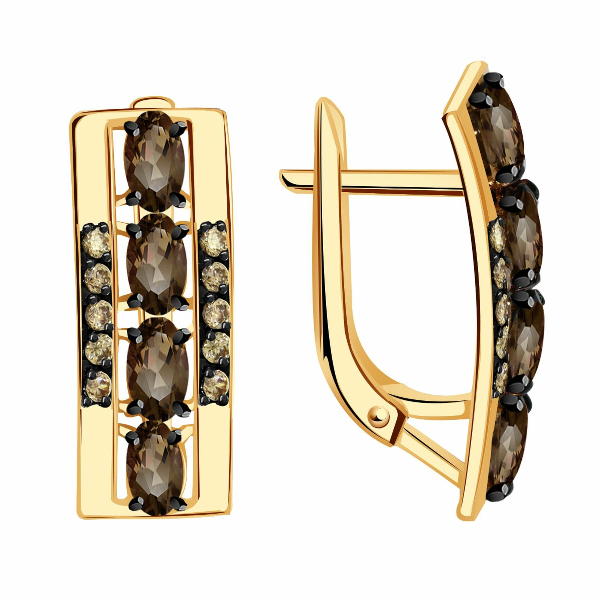 Серьги, красное золото, 585 проба, раухтопаз, фианит