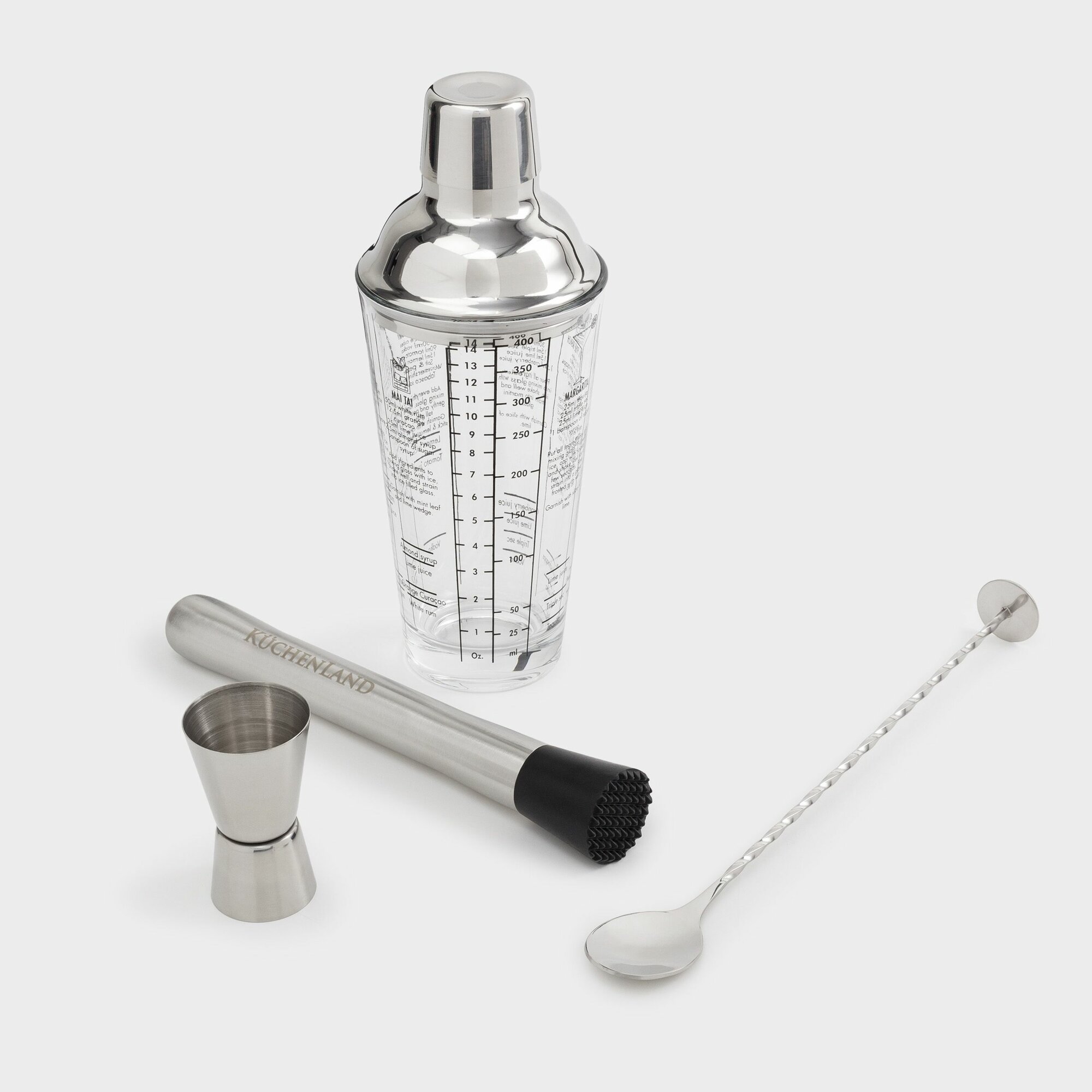 Набор для приготовления коктейлей, 4 пр, шейкер, джиггер, барная ложка, мадлер, Bar