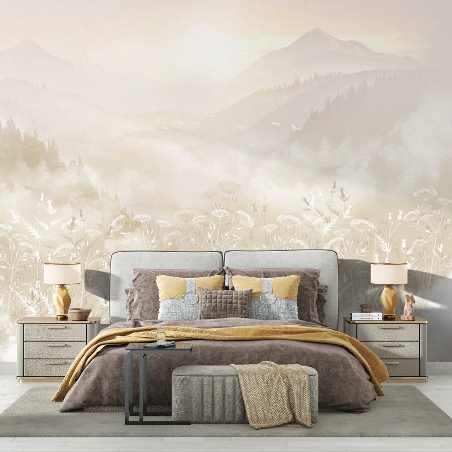 Фотообои Полевые цветы в тумане 13-601-L-Холст 270 x 400 см (ВхШ) Бесшовные, флизелиновые, влагостойкие обои MasterFresok