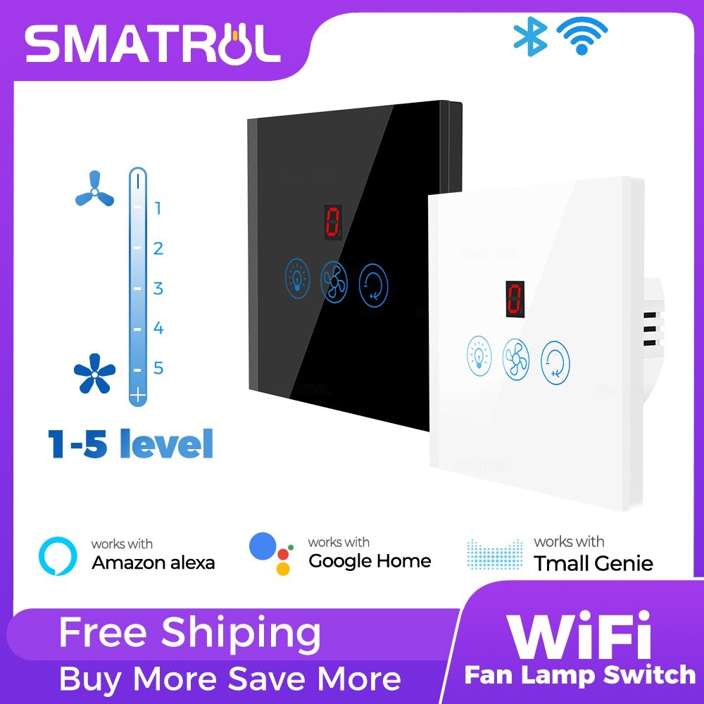 SMATRUL Wifi Smart Fan Switch Fan Light Ceiling Lamp Speed Control Glass Panel Can Control Remote Work with Tuya Alexa Google Home Smart Life