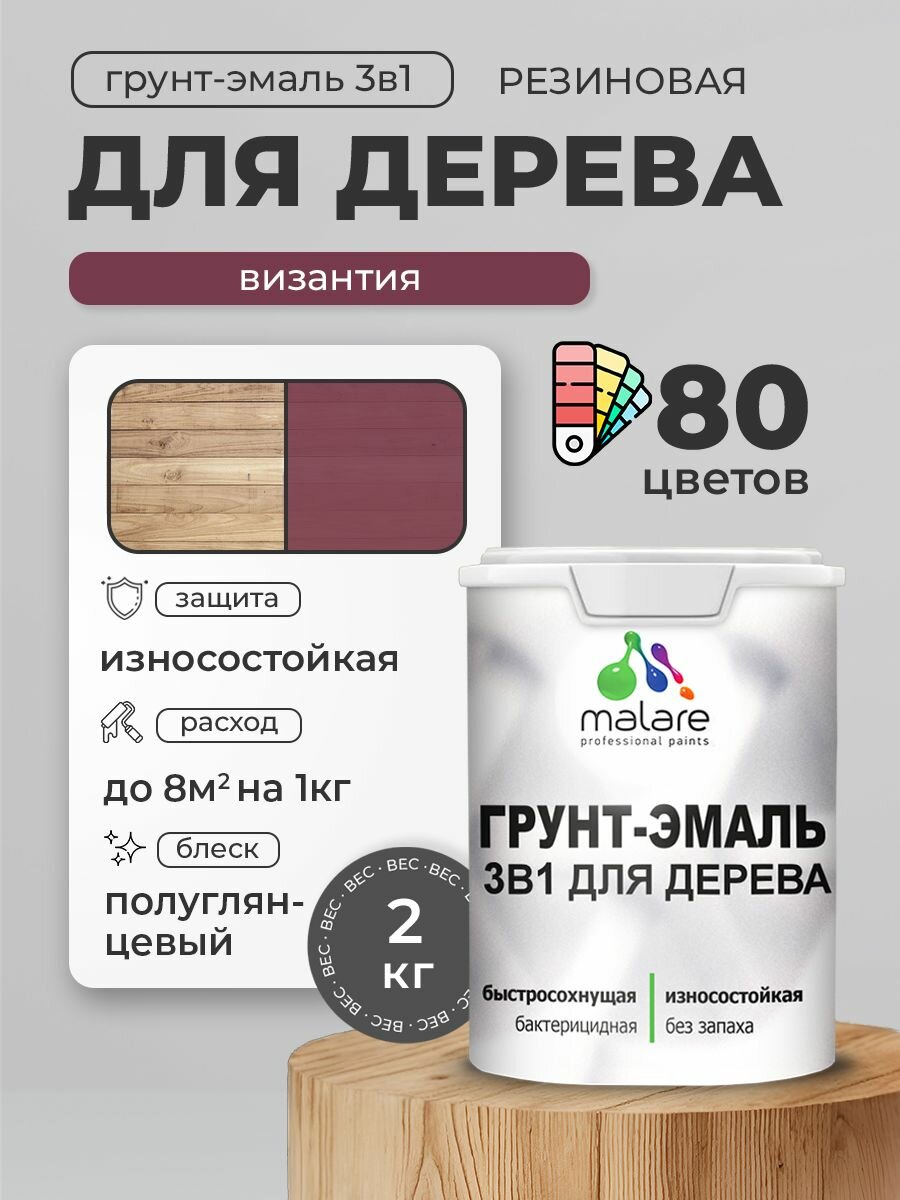 Резиновая Грунт-Эмаль 3 в 1 Malare для деревянных поверхностей/ краска по дереву с антисептическим эффектом/ быстросохнущая моющаяся без запаха полуглянцевая, византия, 2 кг