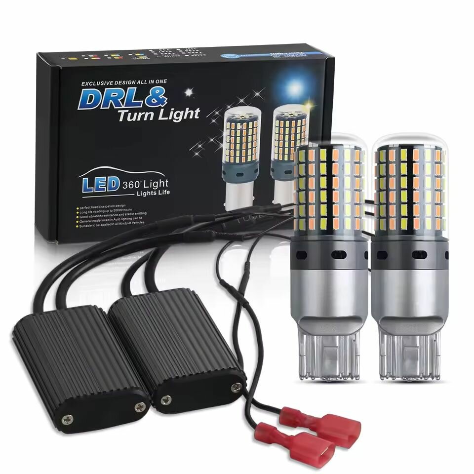 Светодиодные лампы Габариты ДХО поворотники 2в1 7440 W21W комплект желтый и белый свет,2шт .