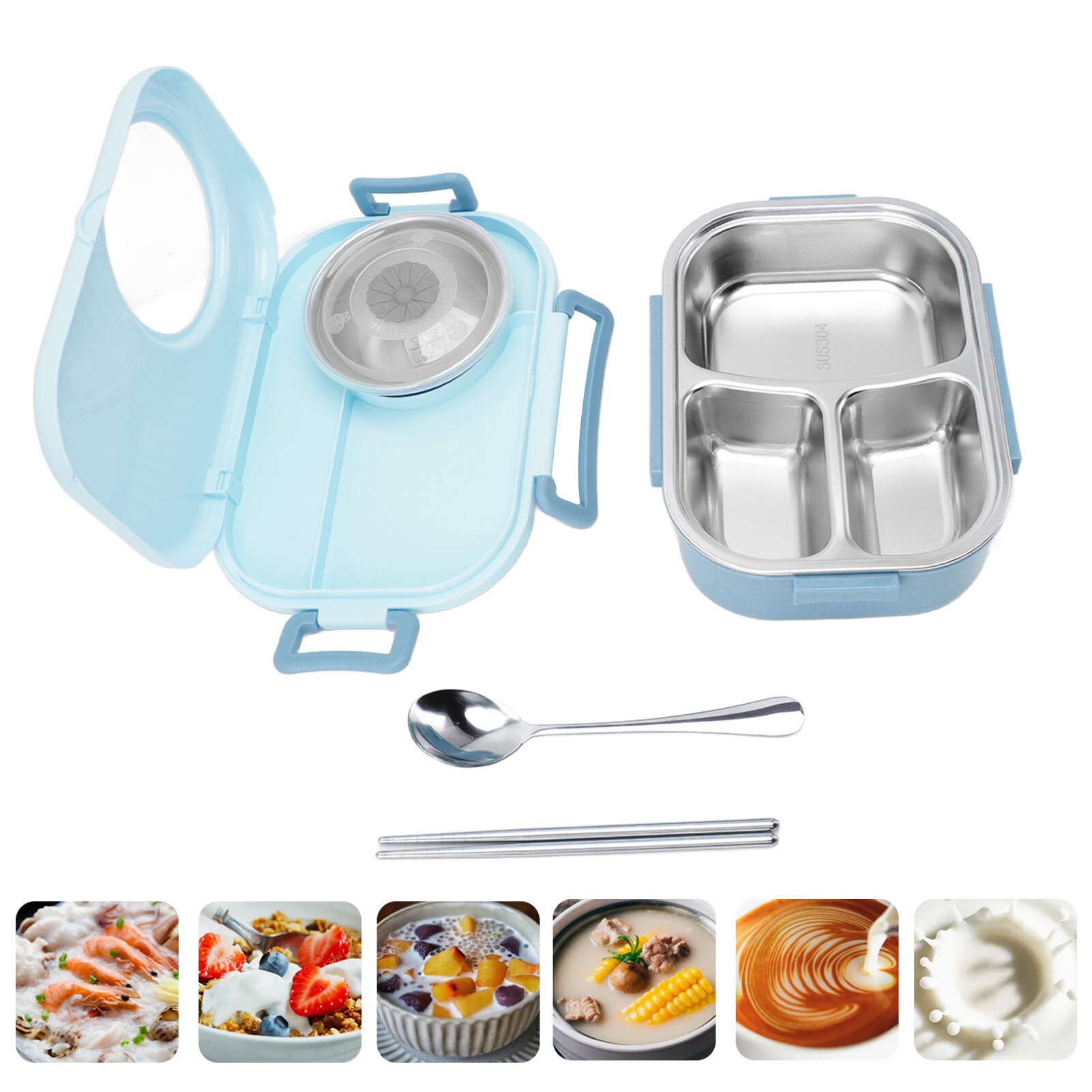 Ланч-бокс Bento, 1450 мл, отделение из нержавеющей стали, термобокс Bento, двухслойные контейнеры Bento для студентов, светло-голубой