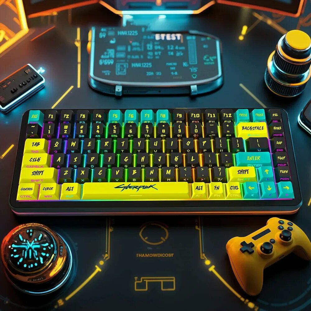 Кейкапы для механической клавиатуры русские, кириллица(129 кл, PBT, Cherry профиль) Киберпанк, боковой тиснение, нижняя подсветка, совместим с 60%-75%-108%