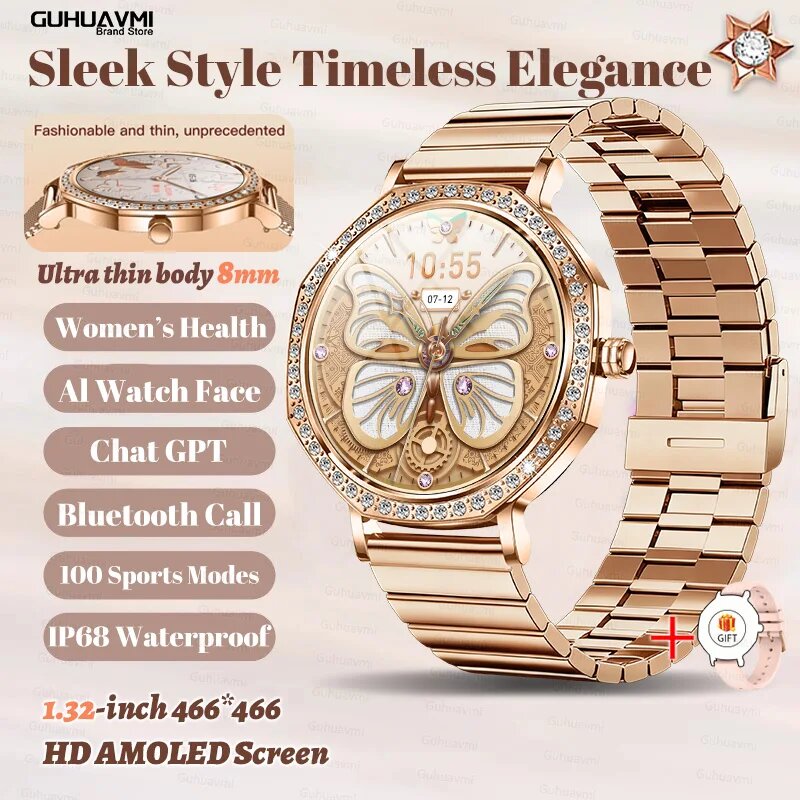 Женские умные часы GUHUAVMI Gold Steel B с Bluetooth