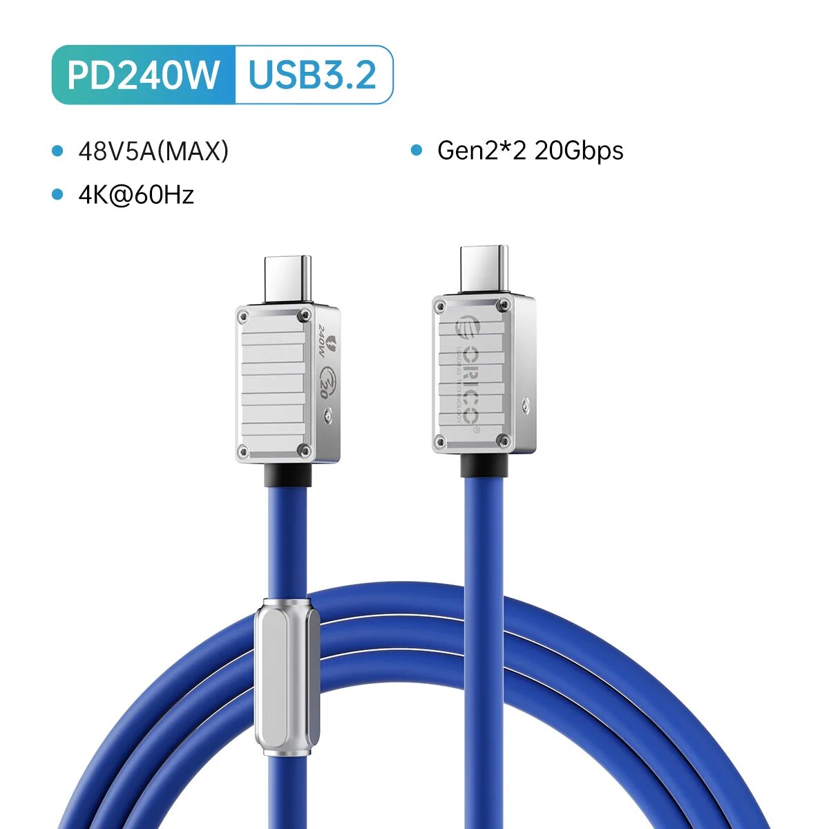 ORICO USB3.2 кабель Type-C, 240W, 20Gbps, 0.5m, Blue