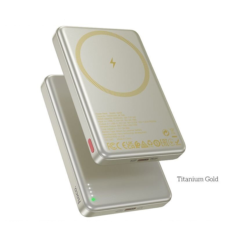 Внешний магнитный беспроводной аккумулятор Hoco Joy Alluminium, 10000 mAh, Qi15W/PD20W, Titanium Gold