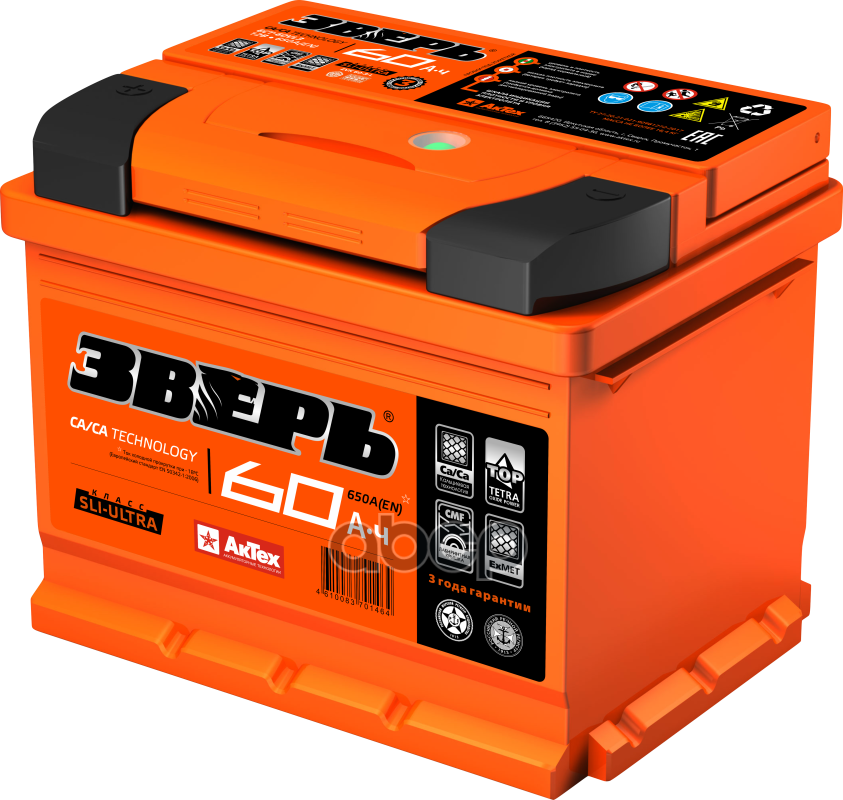 Аккумулятор зверь Standart 60 А/ч прямой L+ 242x175x190 L2 EN 620 А зверь арт. ZVK 60-3-L