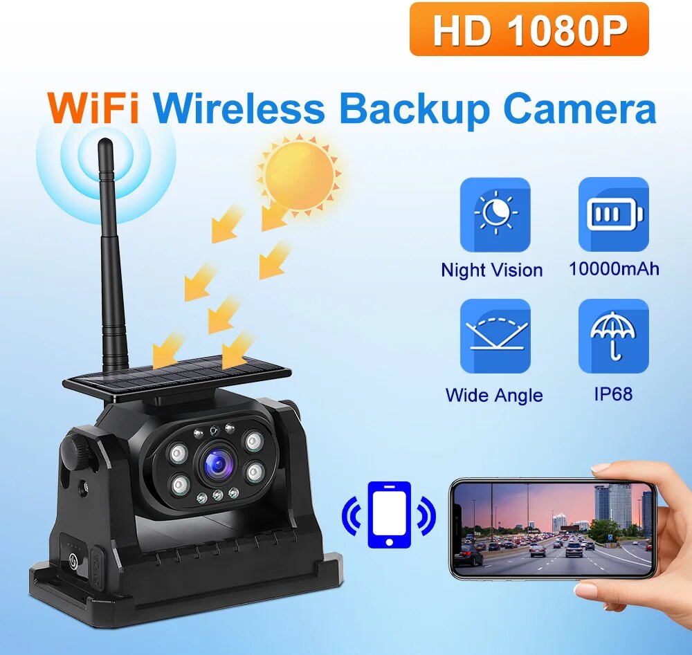 Автомобильная камера заднего вида Leekooluu, беспроводная камера заднего вида с солнечной батареей, Wi-Fi, 1080P, инфракрасное ночное видение, камера заднего вида