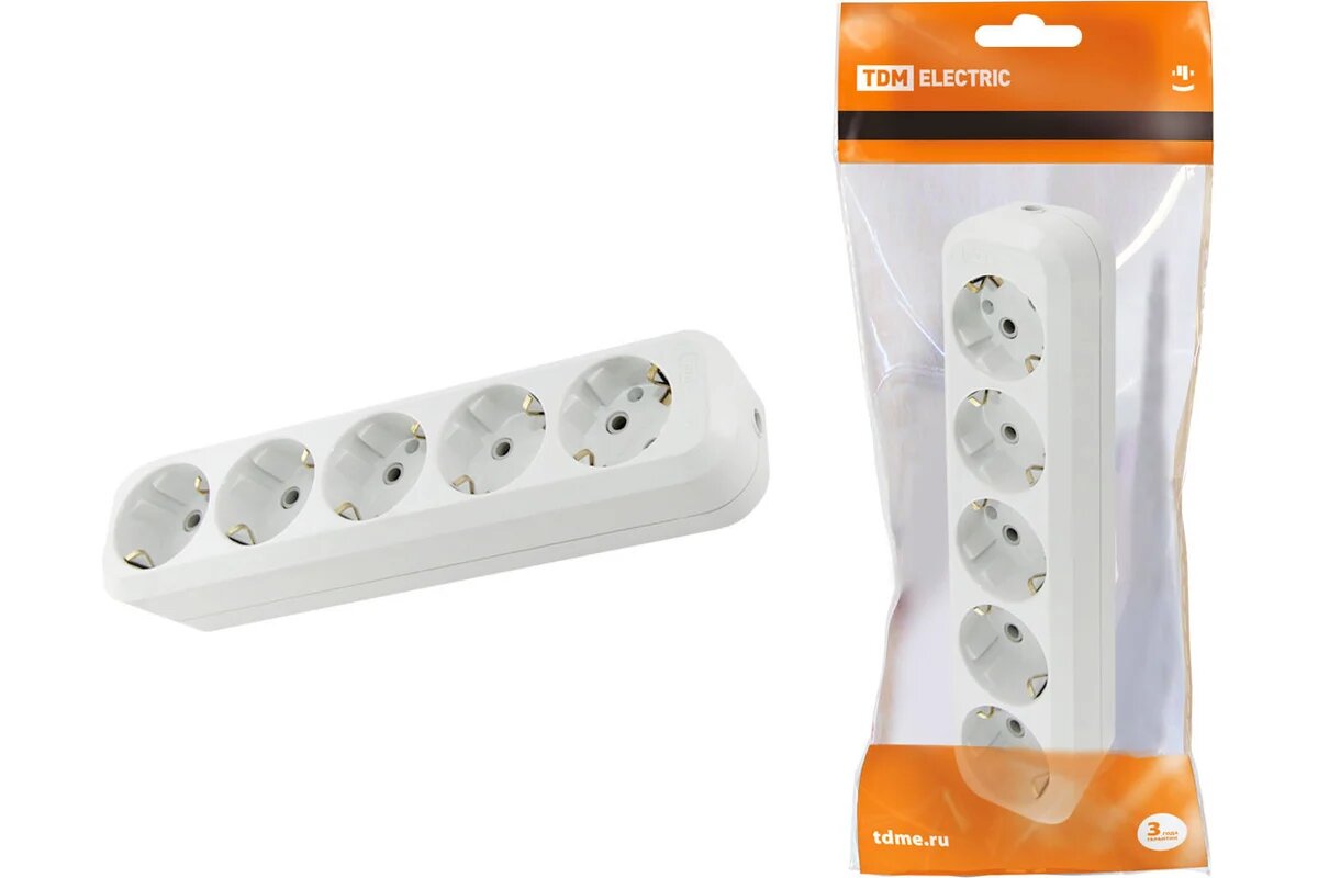 TDM ELECTRIC Колодка розеточная 5 гнезд 2П+3 16А 250В белая SQ1806-0035
