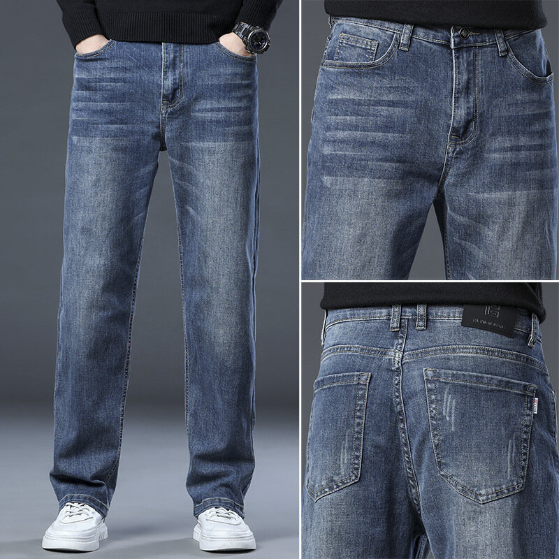 Охоты Брюки JYL Брюки джинсовые мужские Чистый цвет Осень-зима повседневный эластичный прямой широкий