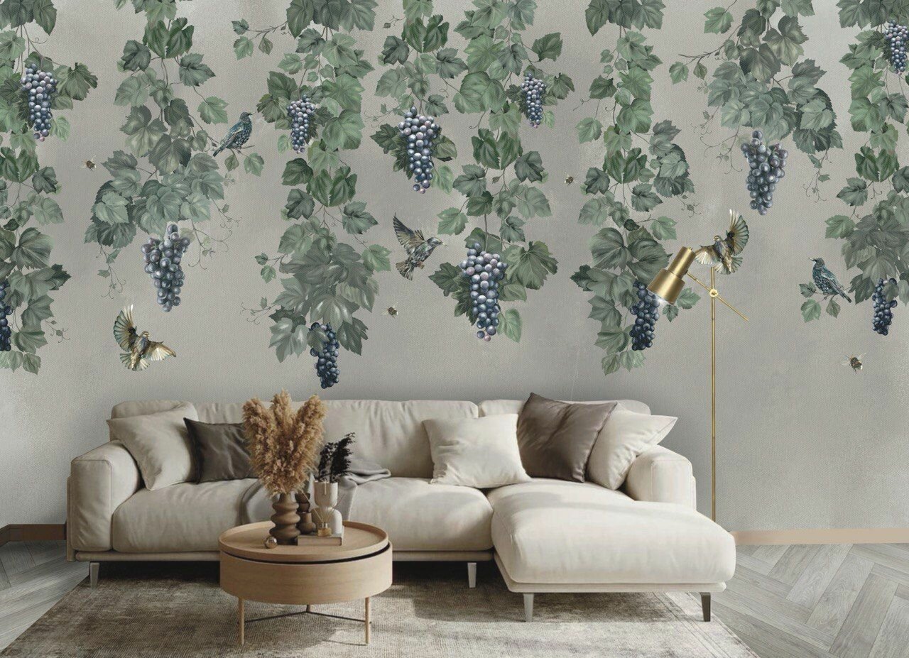 Фреска бесшовная Скворцы и виноград бежево-серый (ширина 2750мм х длина 2500мм)