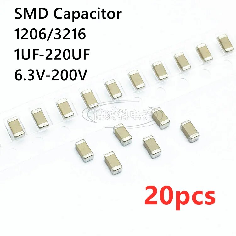 20 шт. SMD конденсатор 1206 1 мкФ - 220 мкФ 6,3 В - 200 В X7R X5R 1206 10UF 100V X7R K