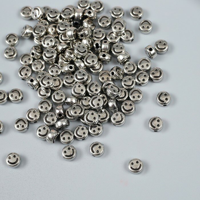Бусины для творчества, пластик Смайлик, Плоский серебро набор 20 грамм 0,7х0,4 см