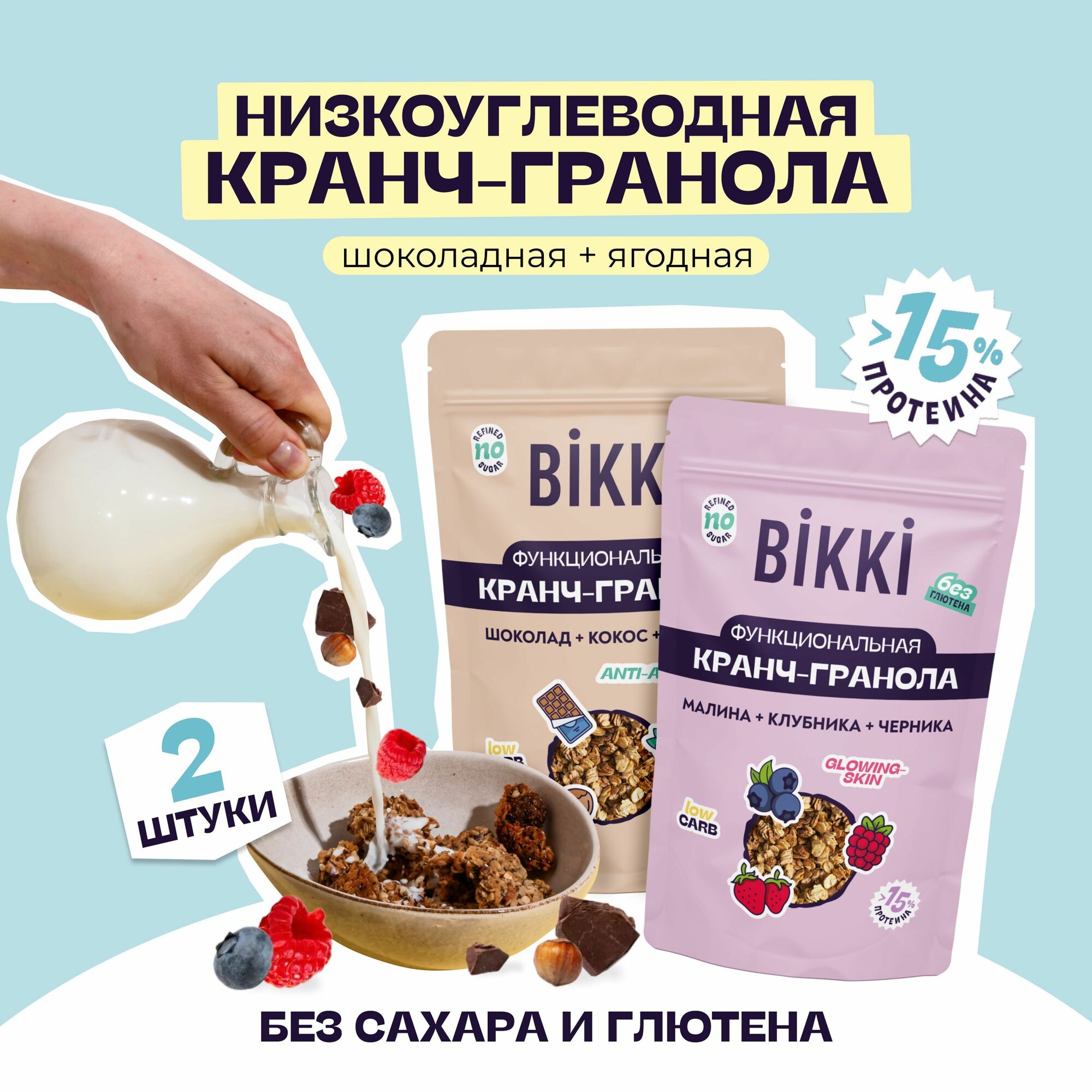 Готовый завтрак натуральная протеиновая гранола без сахара Ягодная и Шоколадная 2 шт х 150гр