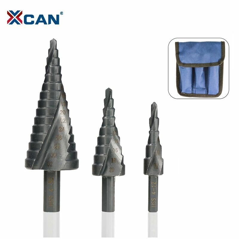Набор сверл ступенчатых XCAN HSS 4-12/4-20/4-32 мм, в чехле, покрытие TiCN, 3 шт.