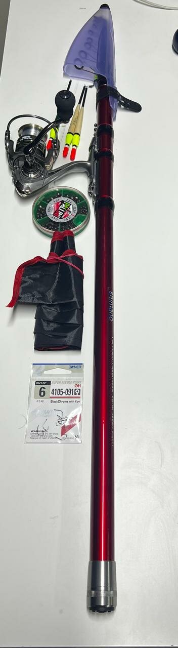 Удочка Shimano, 6 метров, с катушкой, карбоновая, красная, быстрая, 15-40 грамм в комплекте поплавки 3 шт крючки набор грузило чехол.