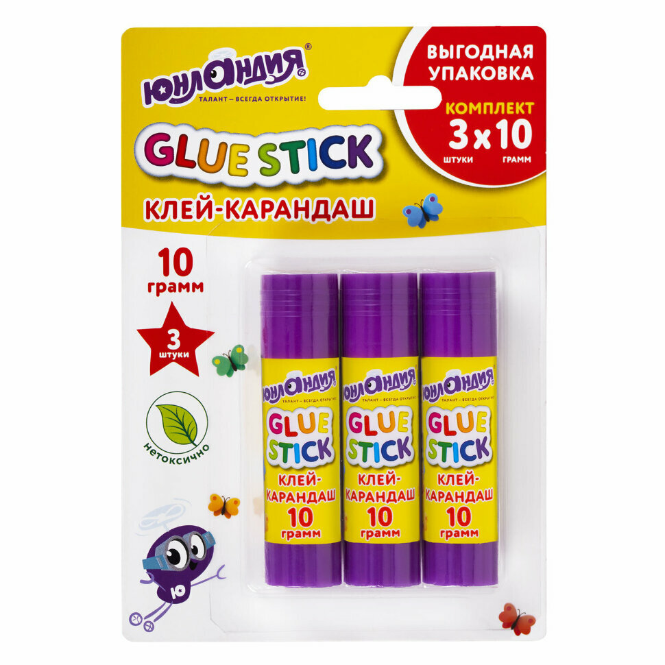 Клей-карандаш 10 г, выгодная упаковка, 3 шт. на блистере, юнландия, 271943, 271943