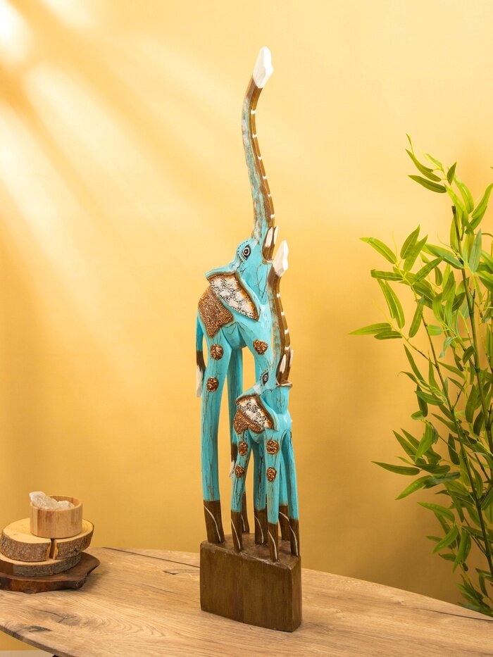 Сувенир "Слоны" дерево 20х12х100 см, цв. бирюзовый