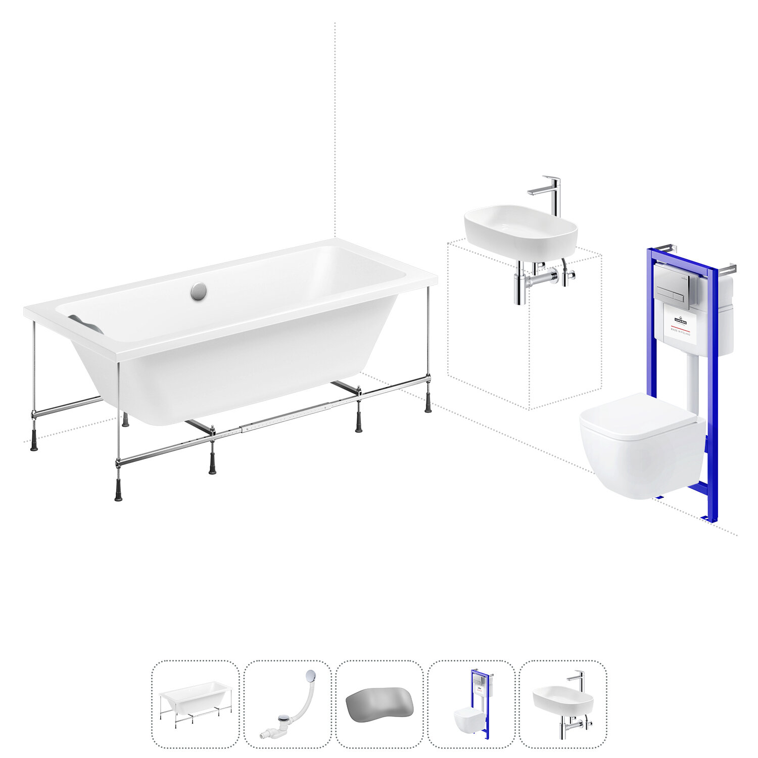 Акриловая ванна 180x80 с каркасом Lavinia Boho Pure 20221309R в наборе 6 в 1: ванна, ножки, слив-перелив, подголовник, унитаз в комплекте, раковина в комплекте