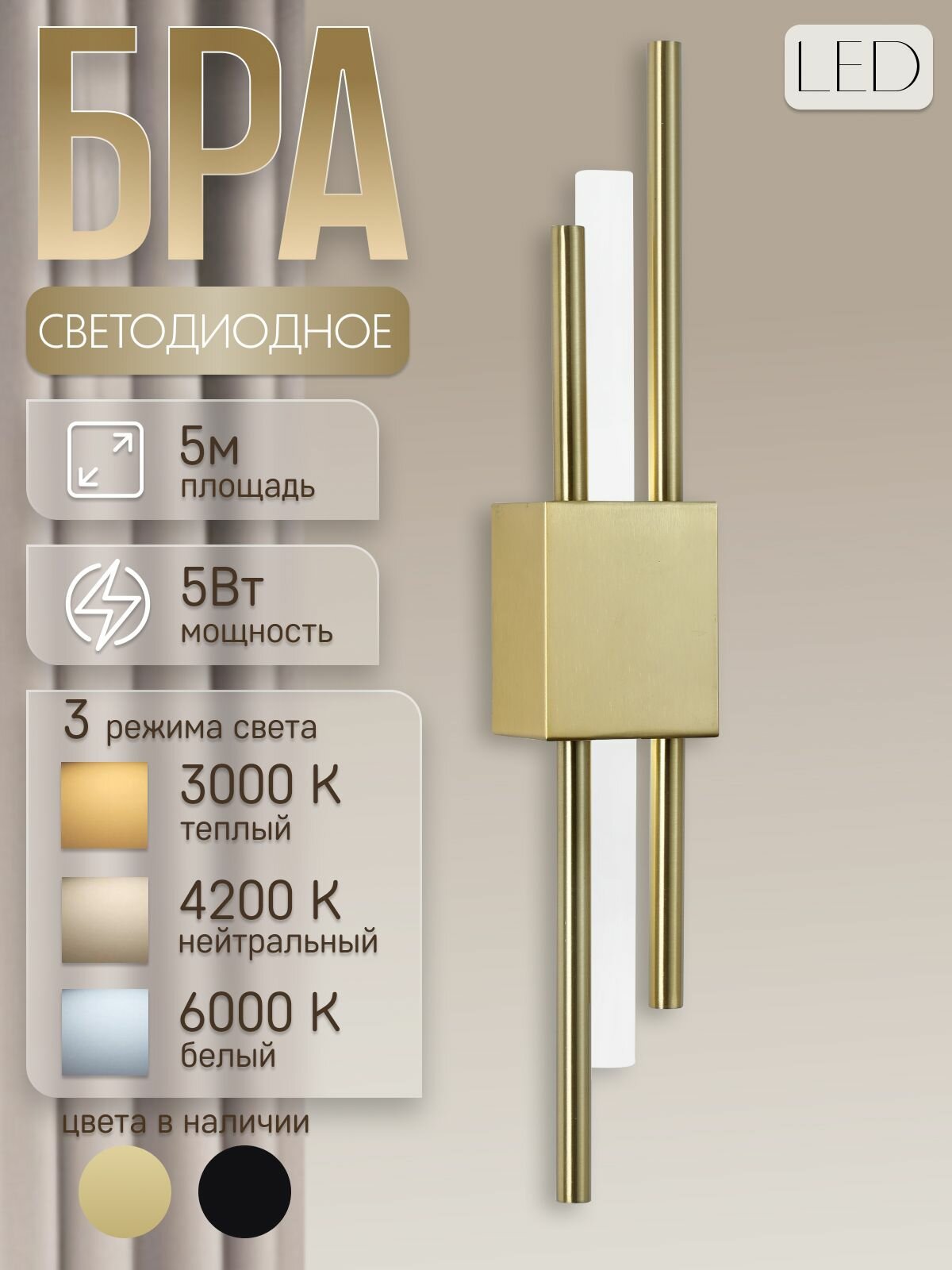 Бра настенные светодиодные, светильник настенный ЭлисСвет 5108/1W-500 GD
