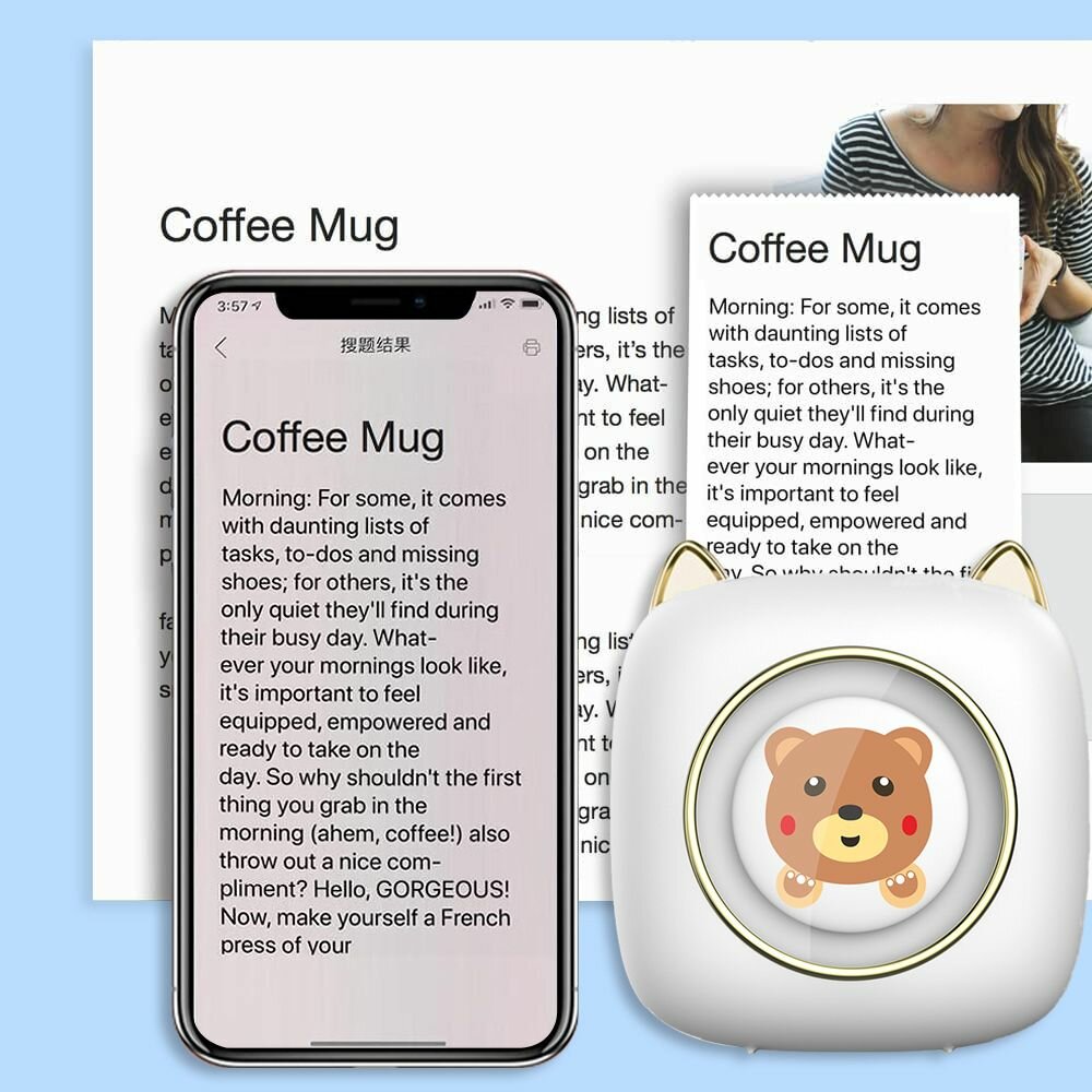 Мини-термопринтер, BT, 1 рулон термобумаги + 10 клейких, 57x25 мм