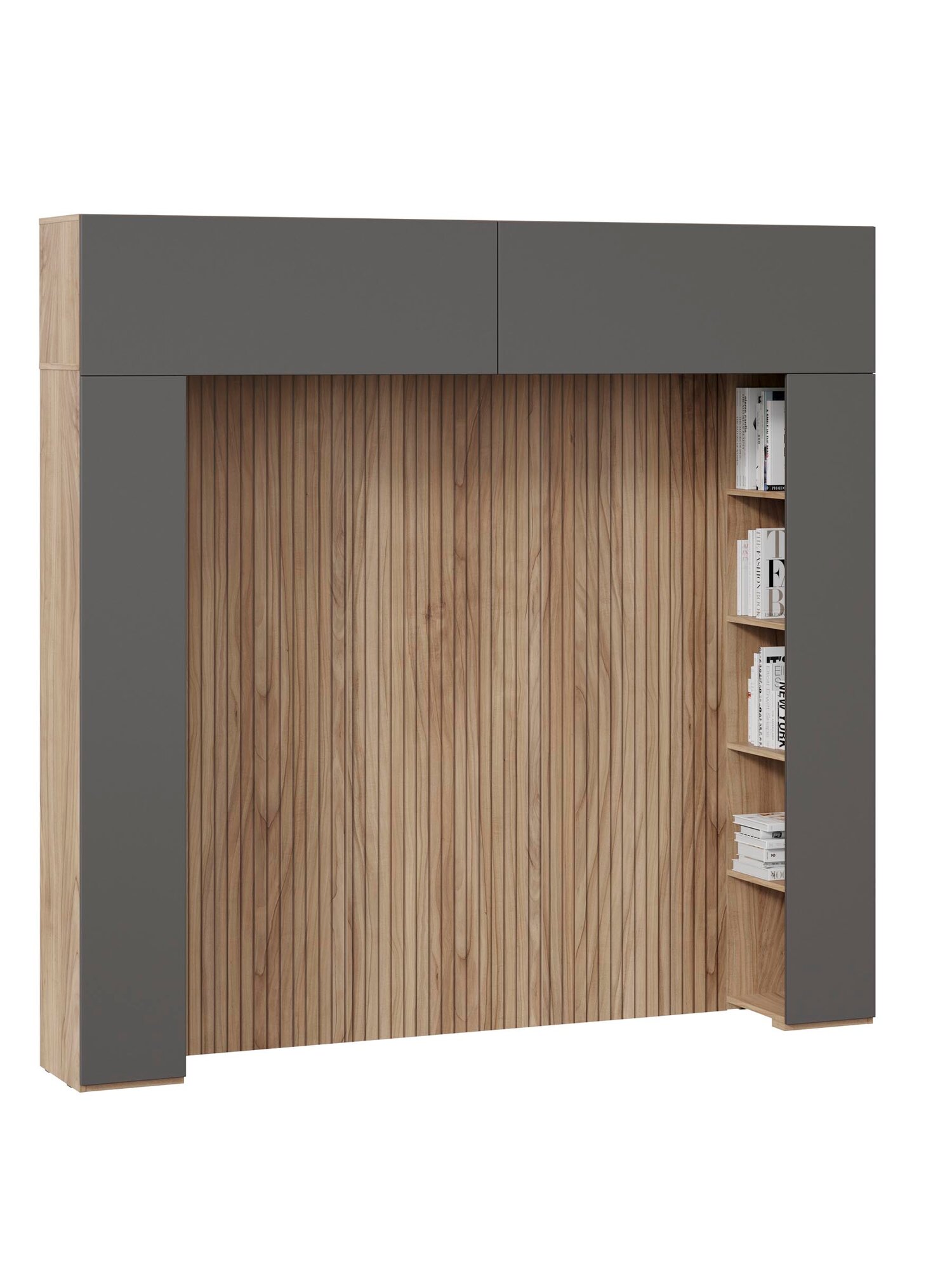 Порто СМ-393.21.022-23 Шкаф навесной (366) со стеллажами и декоративными панелями Яблоня Беллуно, Графит софт