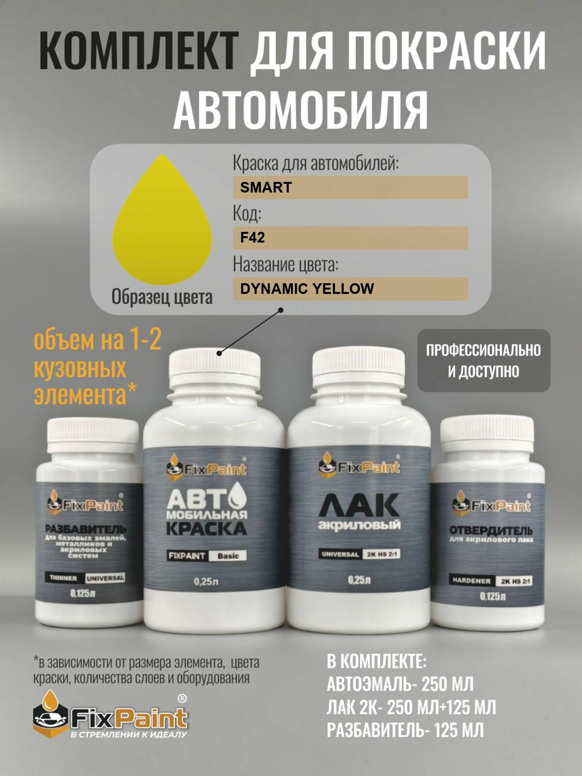 Комплект для покраски SMART, код F42, DYNAMIC YELLOW, базовая автомобильная краска 250 мл, лак 2K 250 мл с отвердителем, разбавитель 125 мл, FixPaint Pro