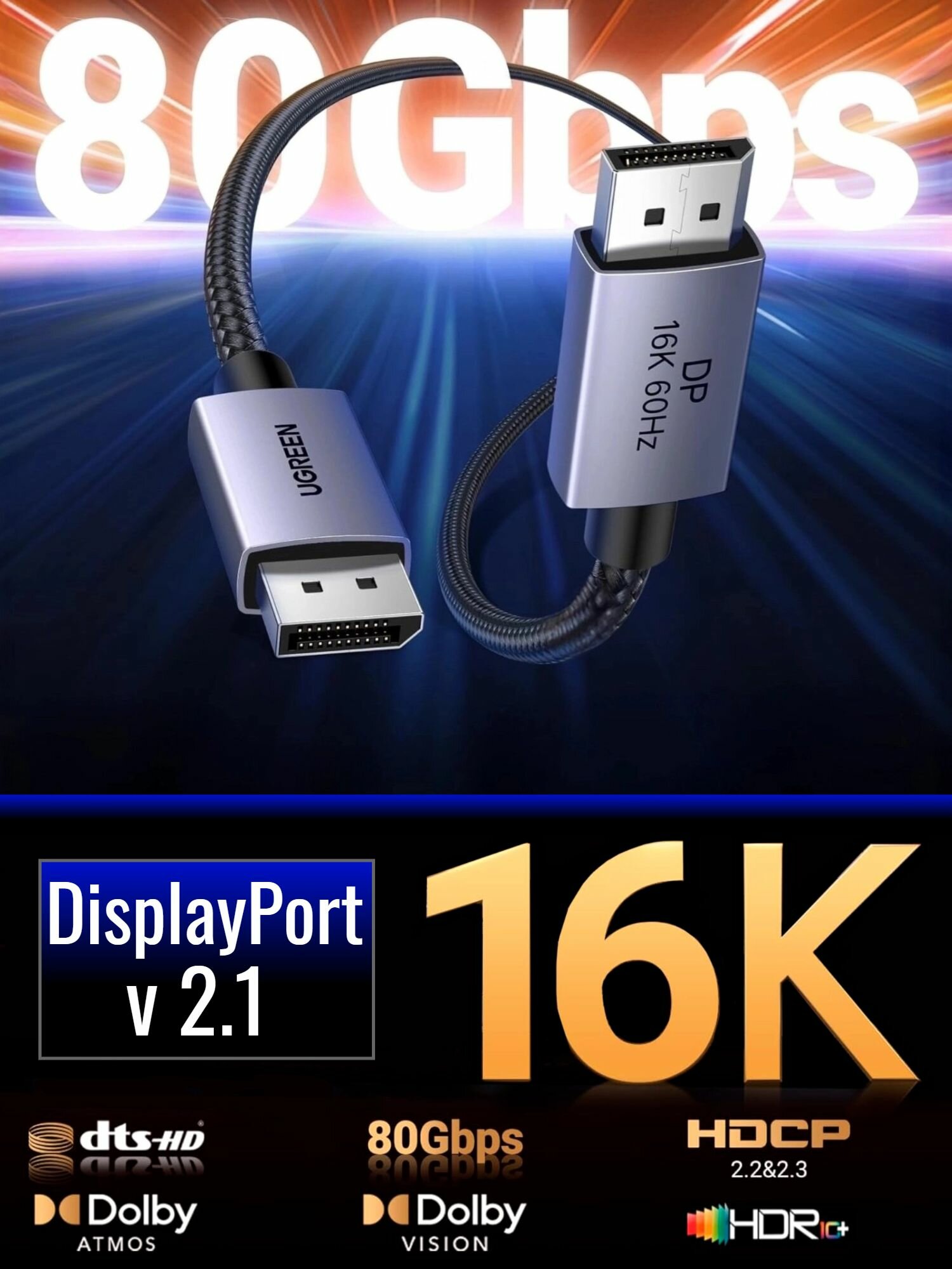 Топовый кабель Displayport 2.1 UGREEN Premium HBR20 80 Gbps 16K (15360×8640) 60 Hz, 10K @ 60 Hz, 8K @ 120 Hz, 6K, 5K, 4K @ 240 Hz, 144 Hz, 2 метра