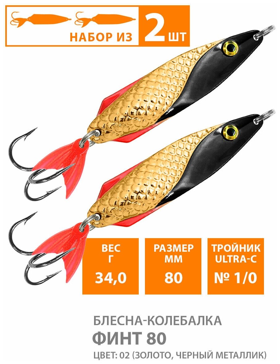 Блесна колебалка для рыбалки AQUA Финт 80mm 34g цвет 02 2шт
