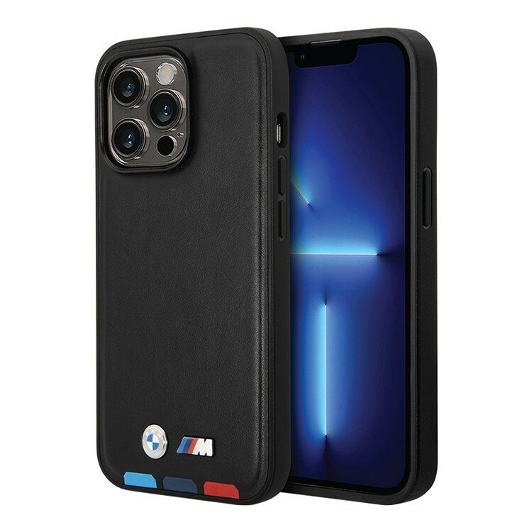 BMW чехол для iPhone 15 Pro Max, M-Collection PU Hot stamp tricolor Black (MagSafe)
