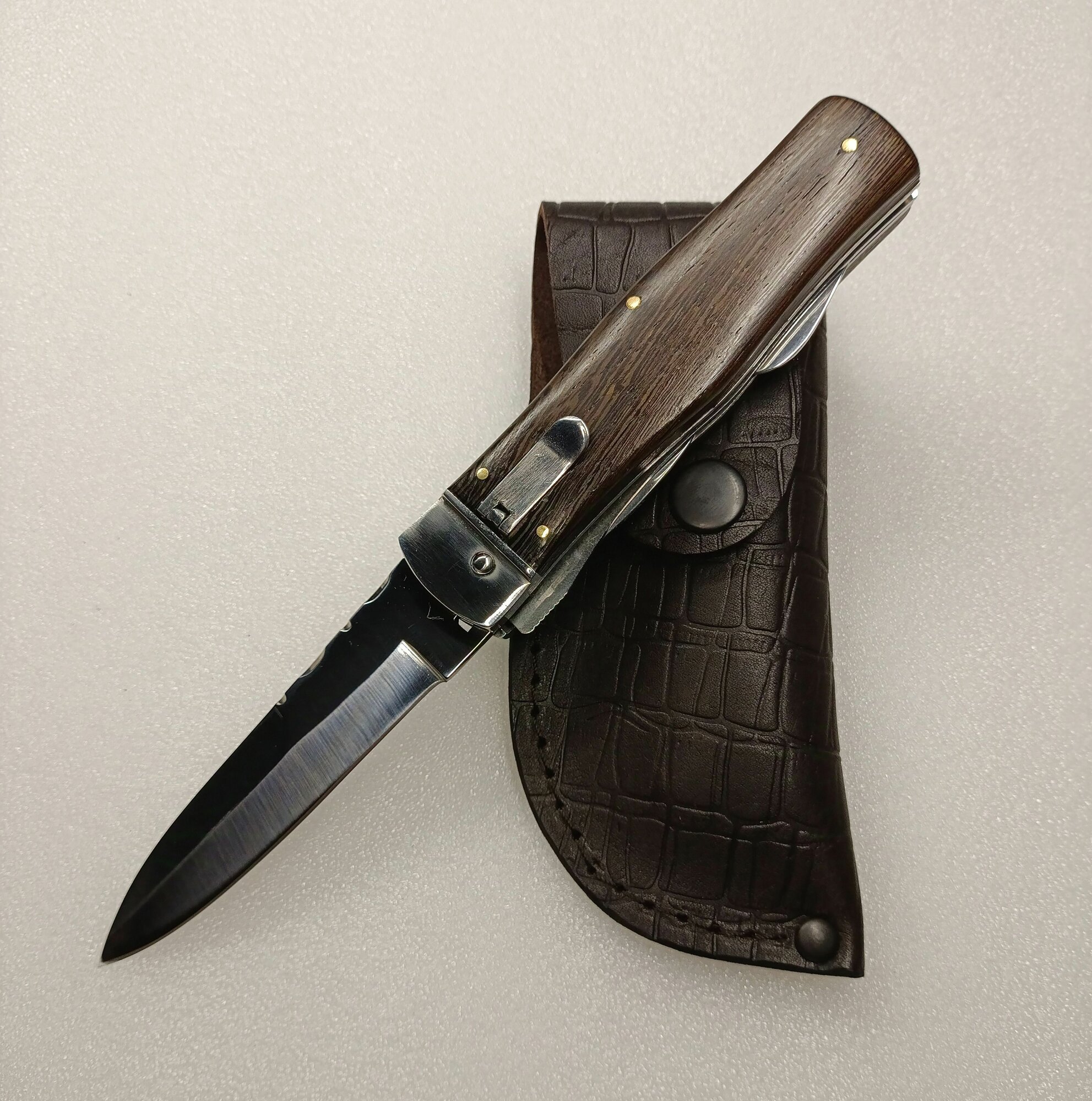 Нож выкидной автоматический Всемогущий сталь 65x13 длина 21см ручная работа ножны в комплекте