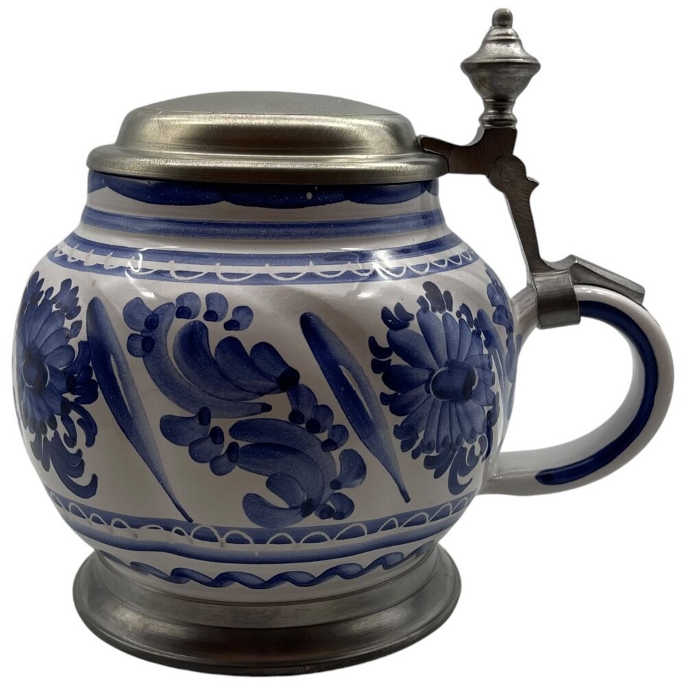 Пивная кружка "Цветы" с крышкой, 0.8 л, керамика, олово, 1960-1970 гг, Германия
