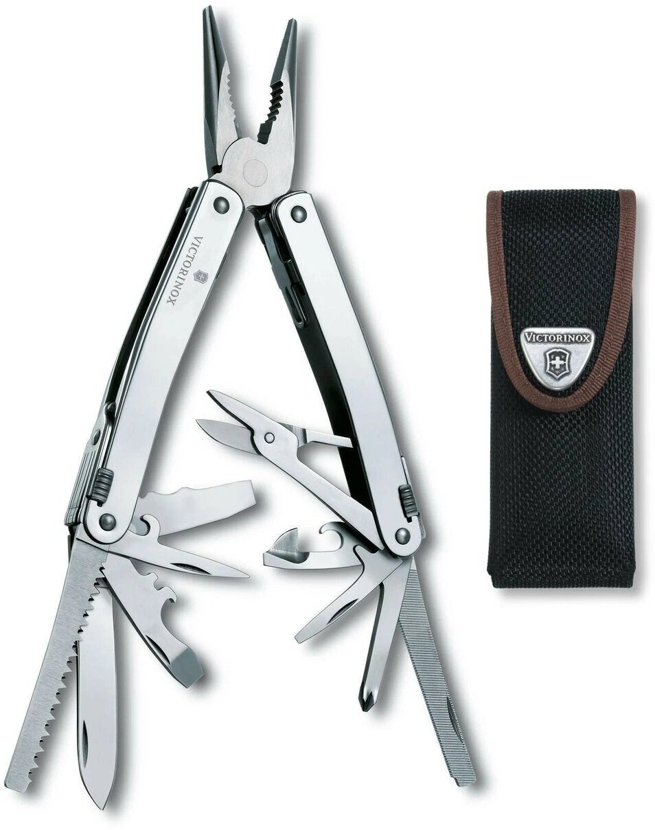 Мультитул VICTORINOX SwissTool Spirit MX, 105 мм, 205 г, 24 функции, нержавеющая сталь серебристого цвета, в комплекте нейлоновый чехол 3.0224. MN