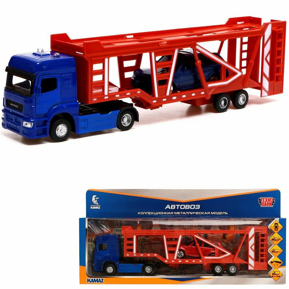 Модель Инерционная Технопарк Камаз Автовоз (31см, металл, открываются двери, с машиной, подвижные элементы)