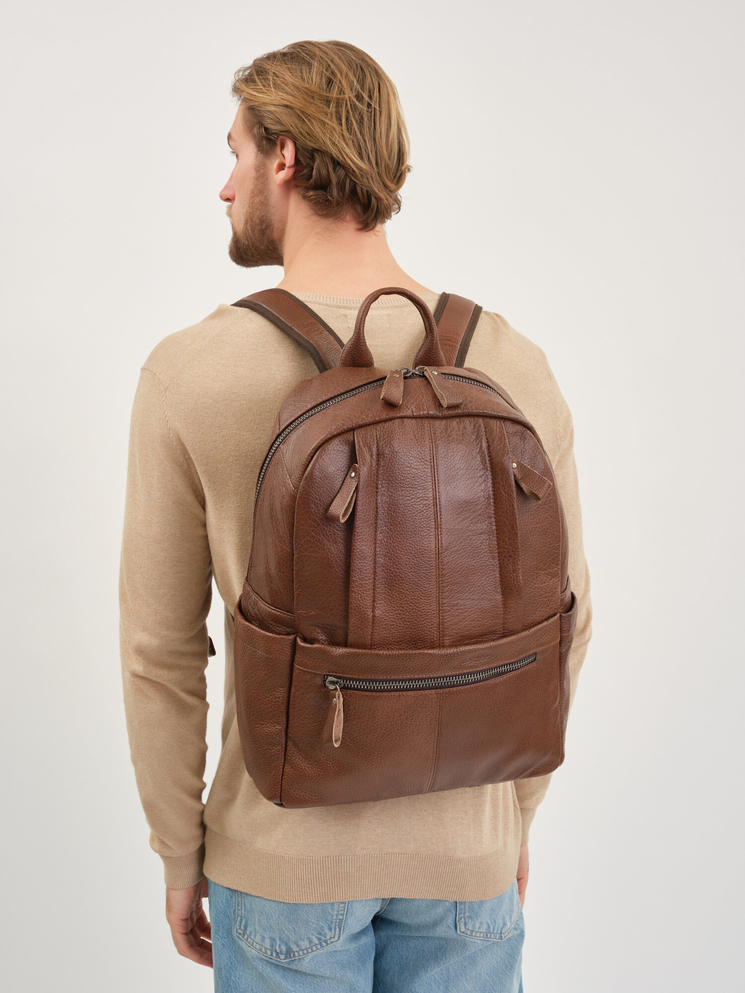 Рюкзак городской PouchMan, мужской, натуральная кожа, большой, для ноутбука, 21 л, 32х44х15 см, коричневый