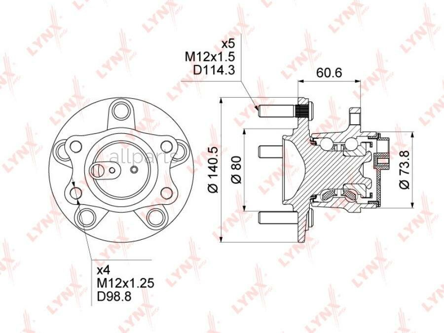LYNXAUTO WH1026 ступица колеса ЗАД В сборе (С ABS) MITSUBISHI ASX 1.6-2.0 2WD 10 / LANCER 1.5-2.0D 08 / OUTLANDER II