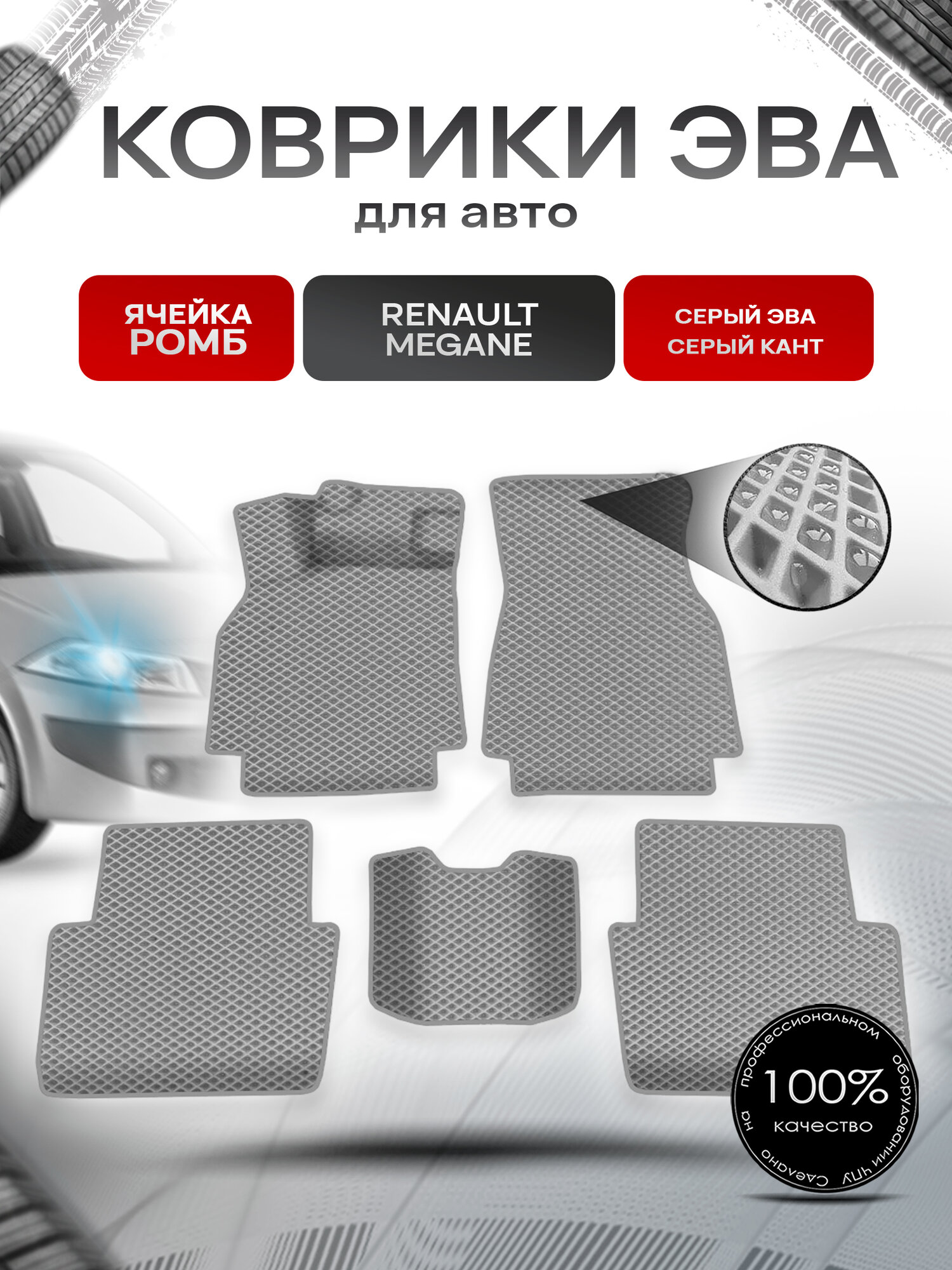 Коврики ЭВА для авто Renault Megane / Рено Меган 2002-2006 Г. В. Серый С Серым Кантом