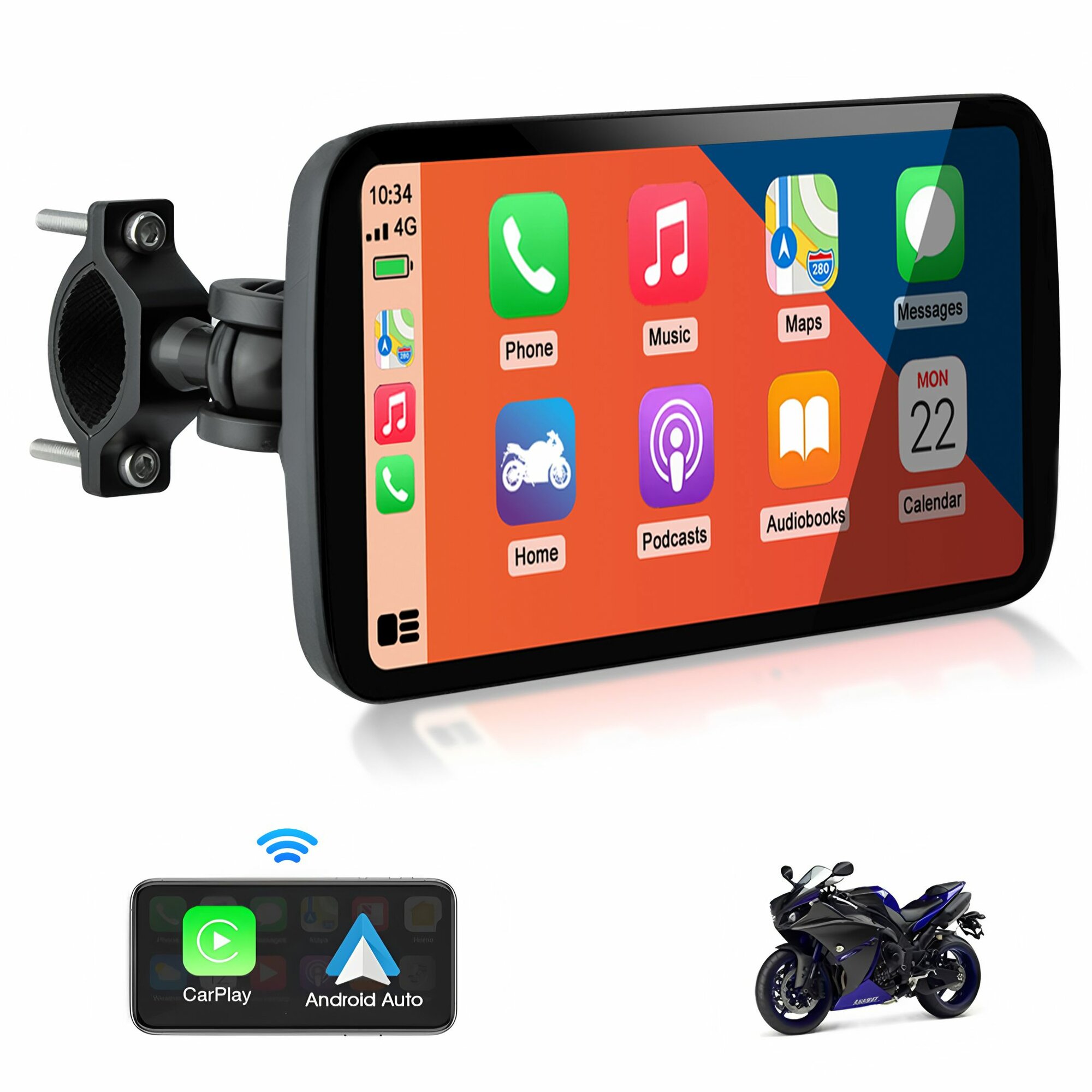 6,25-дюймовый беспроводной экран для мотоцикла с поддержкой Apple CarPlay и Android Auto, высокоопределённый, водонепроницаемый по стандарту IP67, с навигацией.