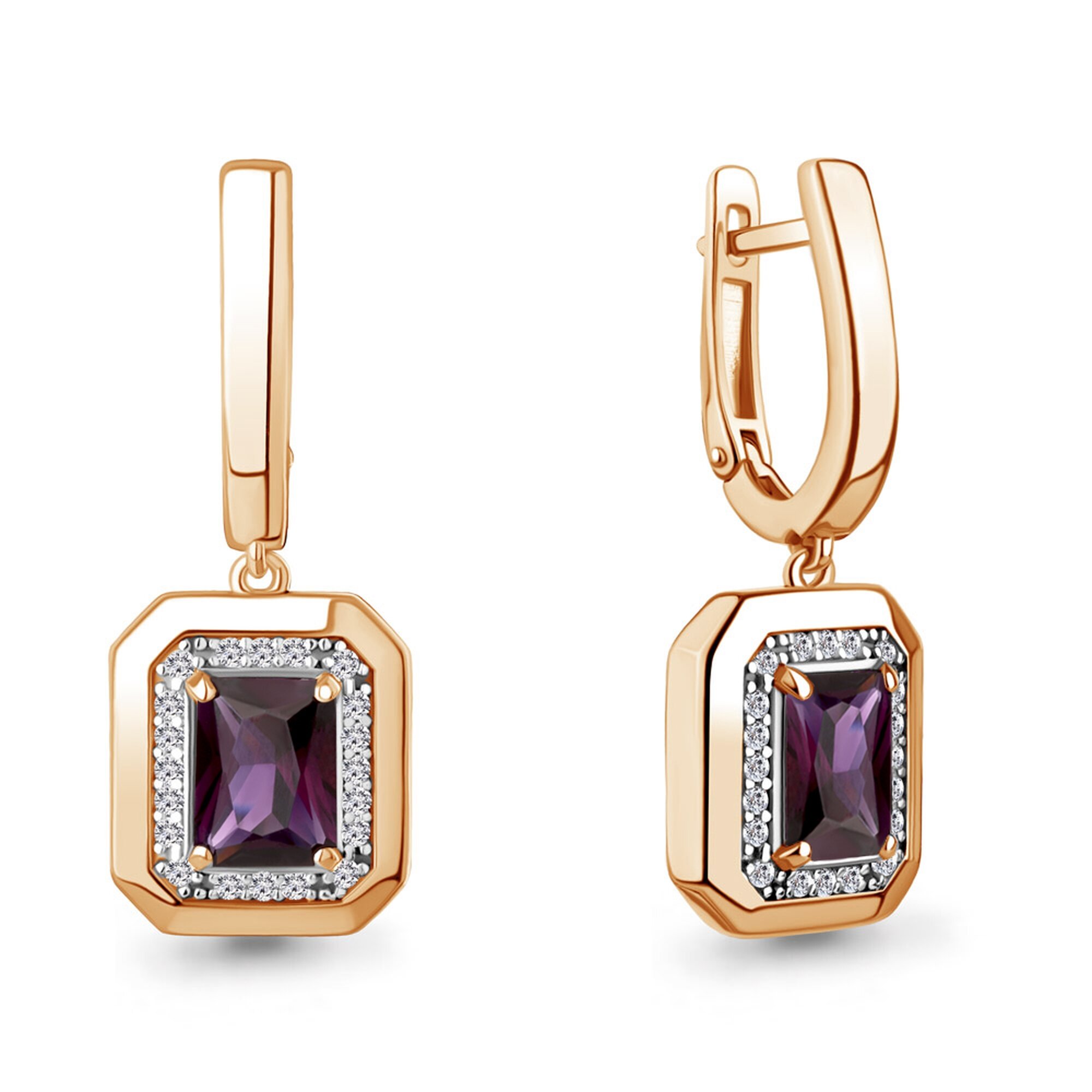 Серьги, серебро, 925 проба, золочение, фианит, аметист