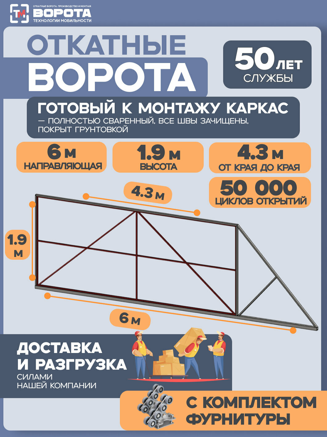 Каркас откатных ворот "дачник", металл, решетчатое полотно, без привода