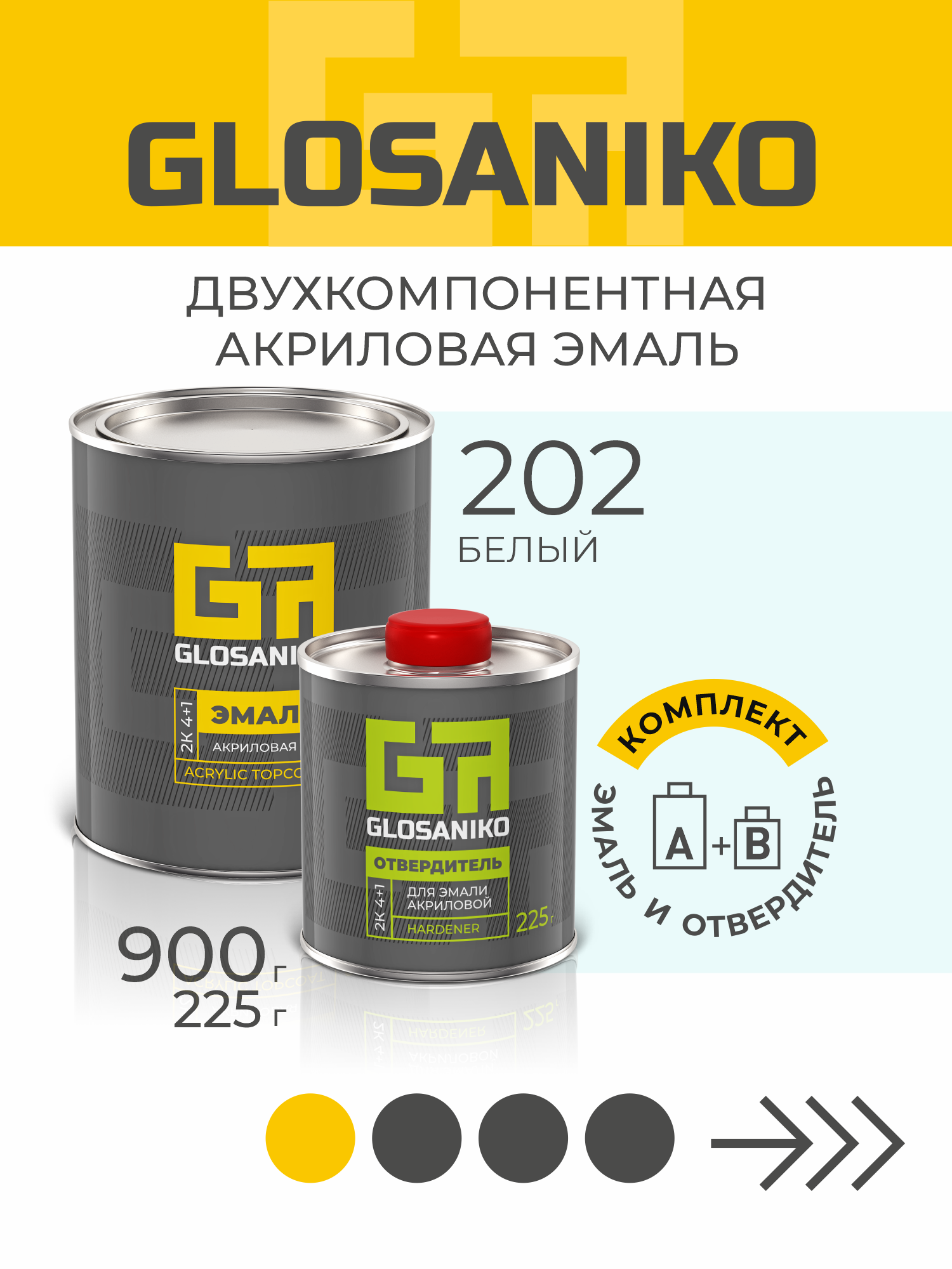 Белый 202, комплект эмаль 0,9кг + отвердитель 0,225кг, Glosaniko Акриловая эмаль 2К 4:1