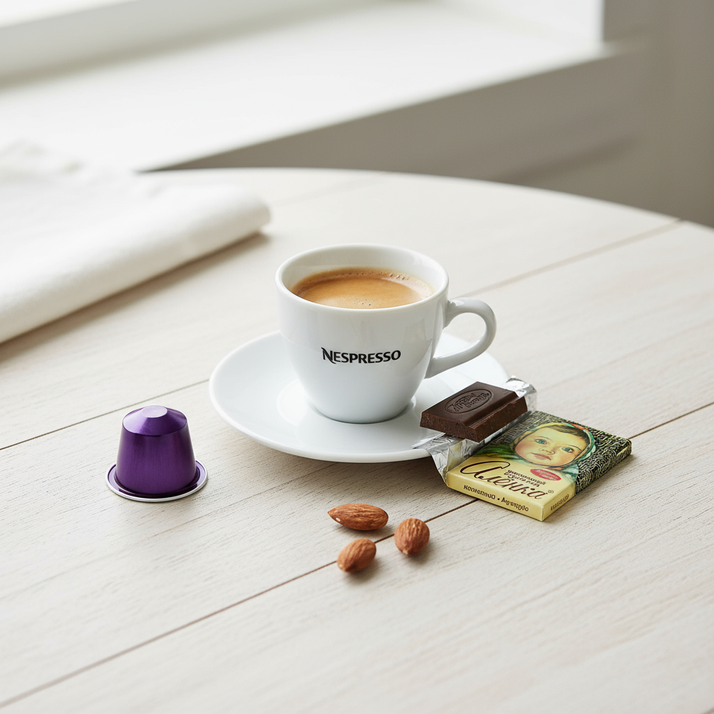 Завтрак с Nespresso Arpeggio, шоколад "Аленка", миндальный орех, 10 порций по 5г кофе, 5г шоколада, 5г миндаля, упаковка 10 порций.