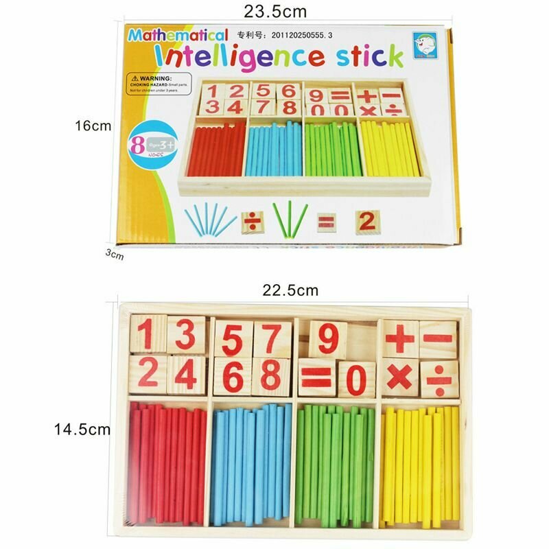 Развивающий математический набор из дерева для детей, счетные палочки, цифры и знаки.