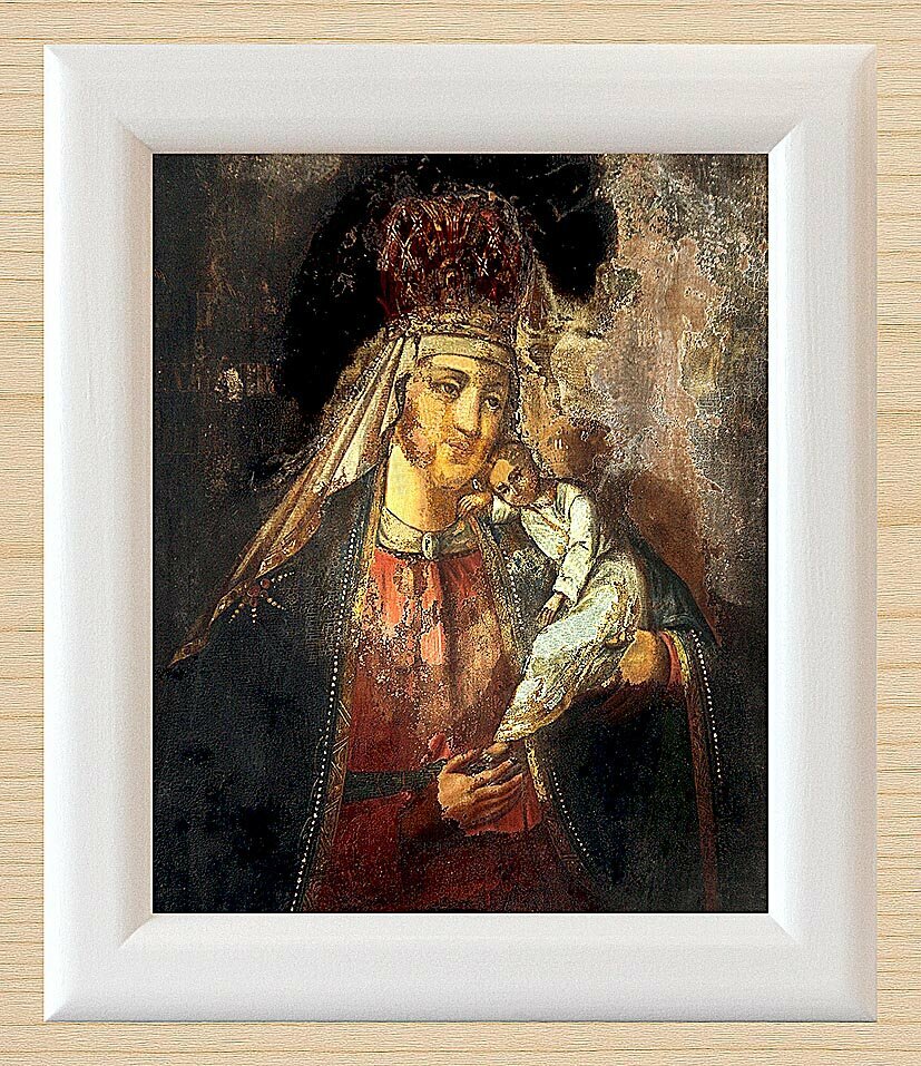 Икона Божией Матери "Избавление от бед страждущих" (лик № 141), в широкой белой деревянной рамке 19*22,5 см