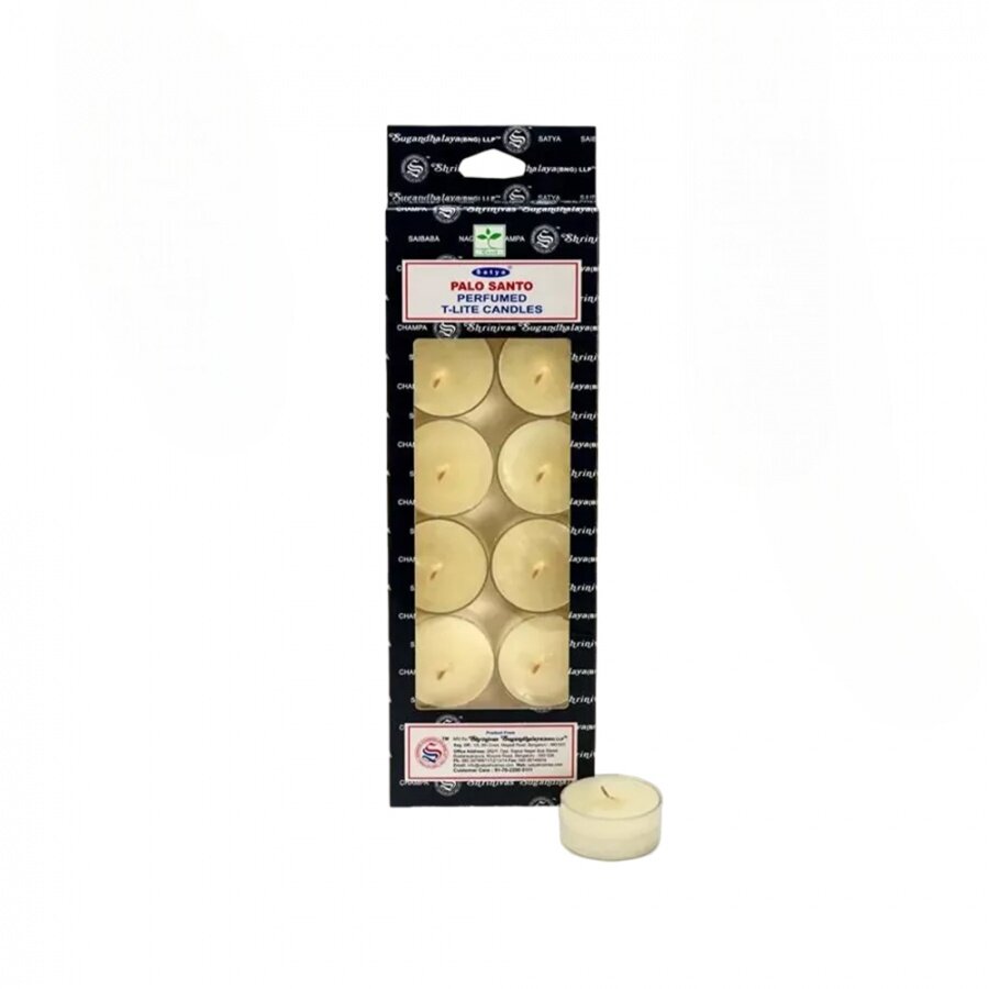 Perfumed T-Lite Candles PALO SANTO, Satya (Ароматические чайные свечи пало санто, Сатья), набор 12 шт.